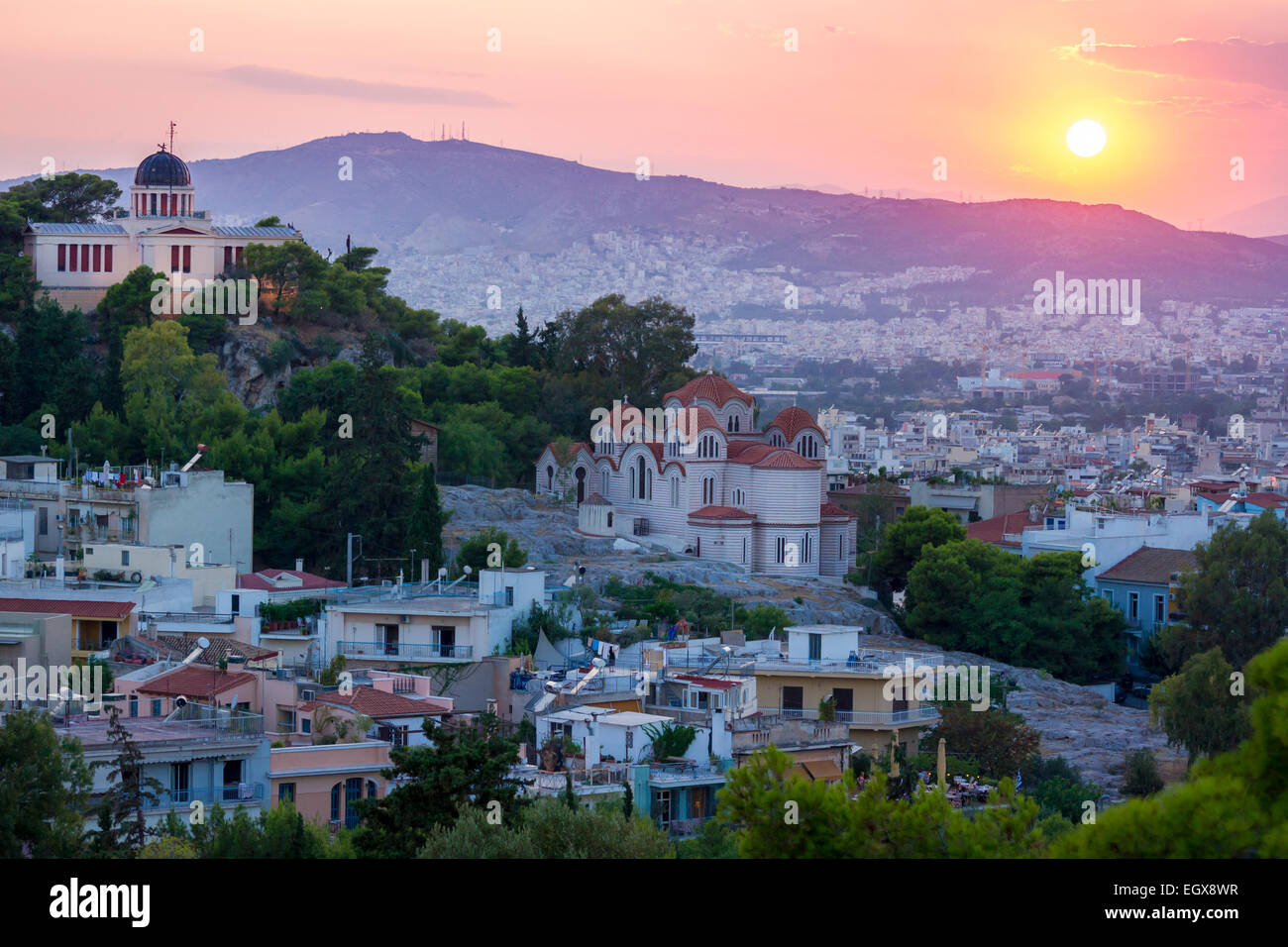 Athens skyline at sunset viewed from Areopagus Hill, Greece Stock Photo ...