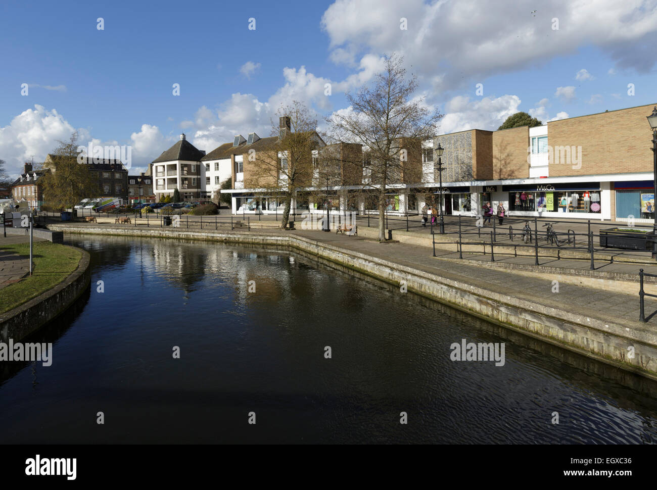 Riverside shops and The Bell Hotel (distant white building) Thetford ...
