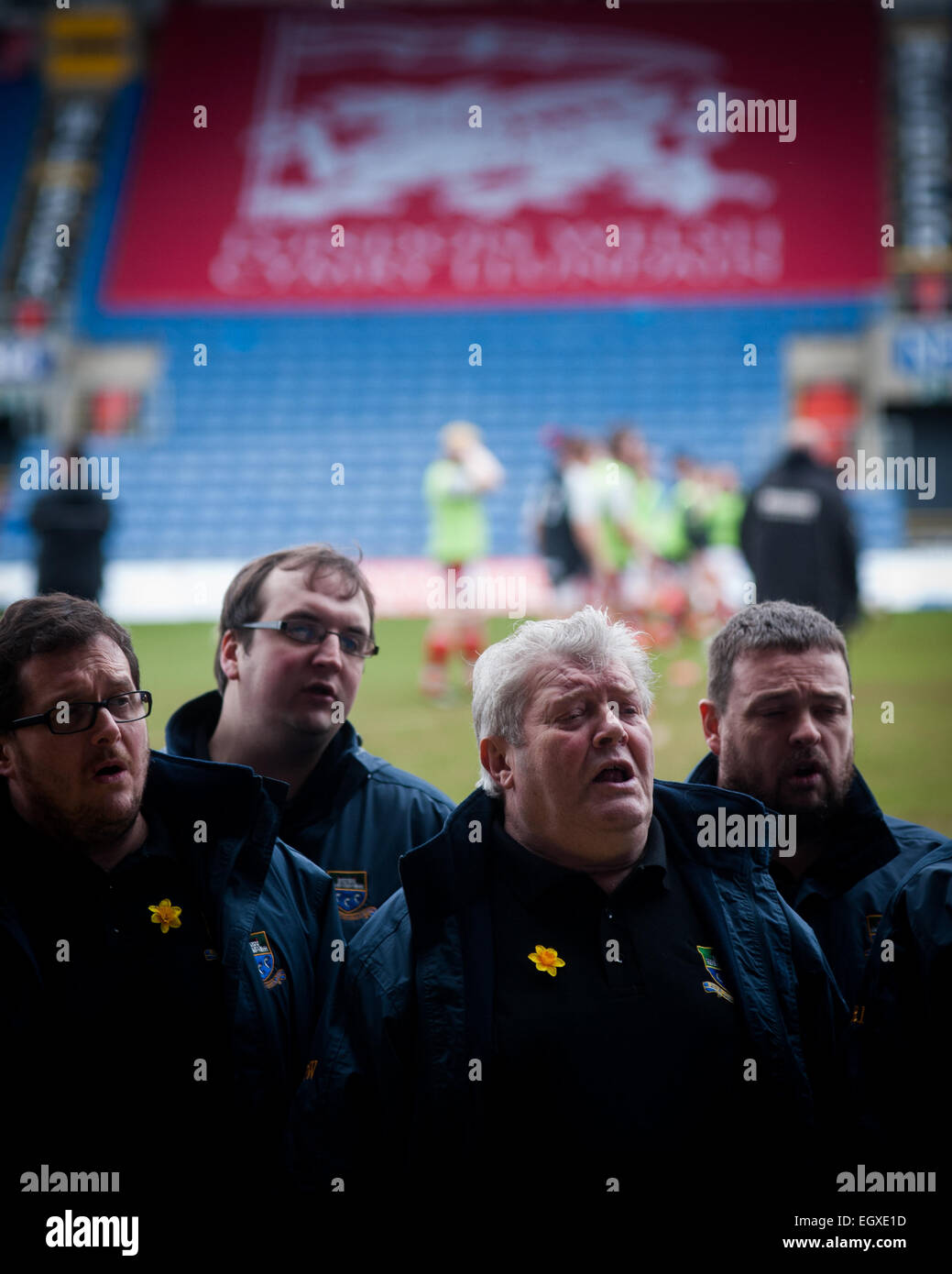 Welsh male voice choir singing at London Welsh rugby match on St ...
