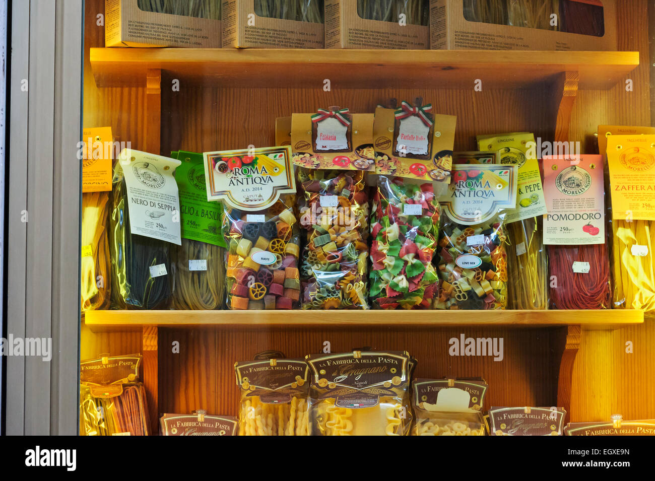 A variety of raw Pasta on display in a window outside a shop in Rome ...