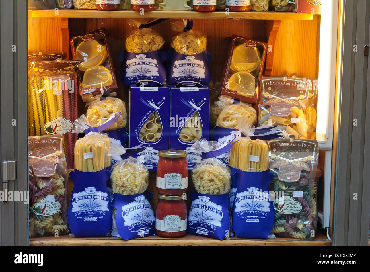 A variety of raw Pasta on display in a window outside a shop in Rome ...
