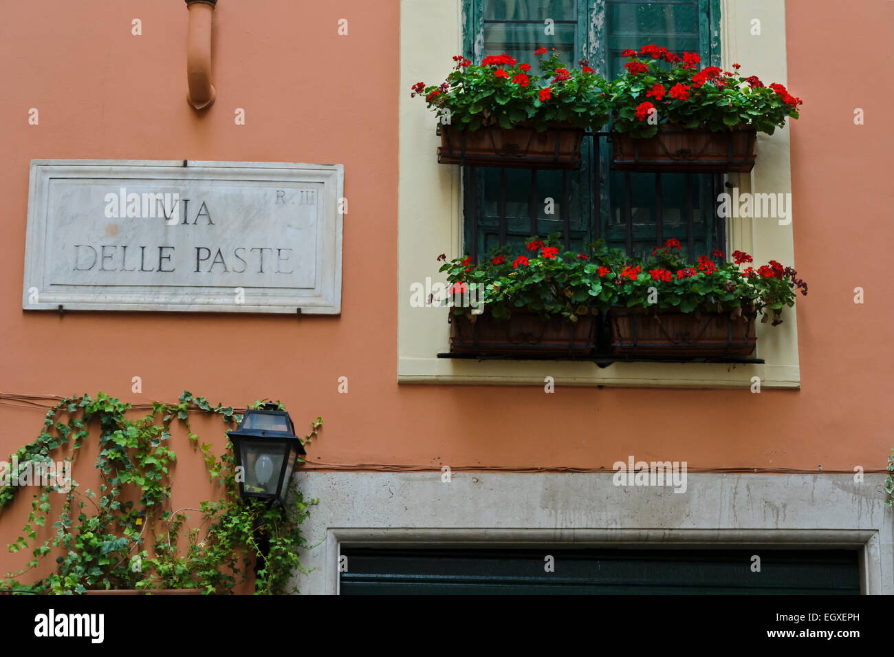 Boxes of fresh red flowers outside a window, Rome, Italy Stock Photo ...