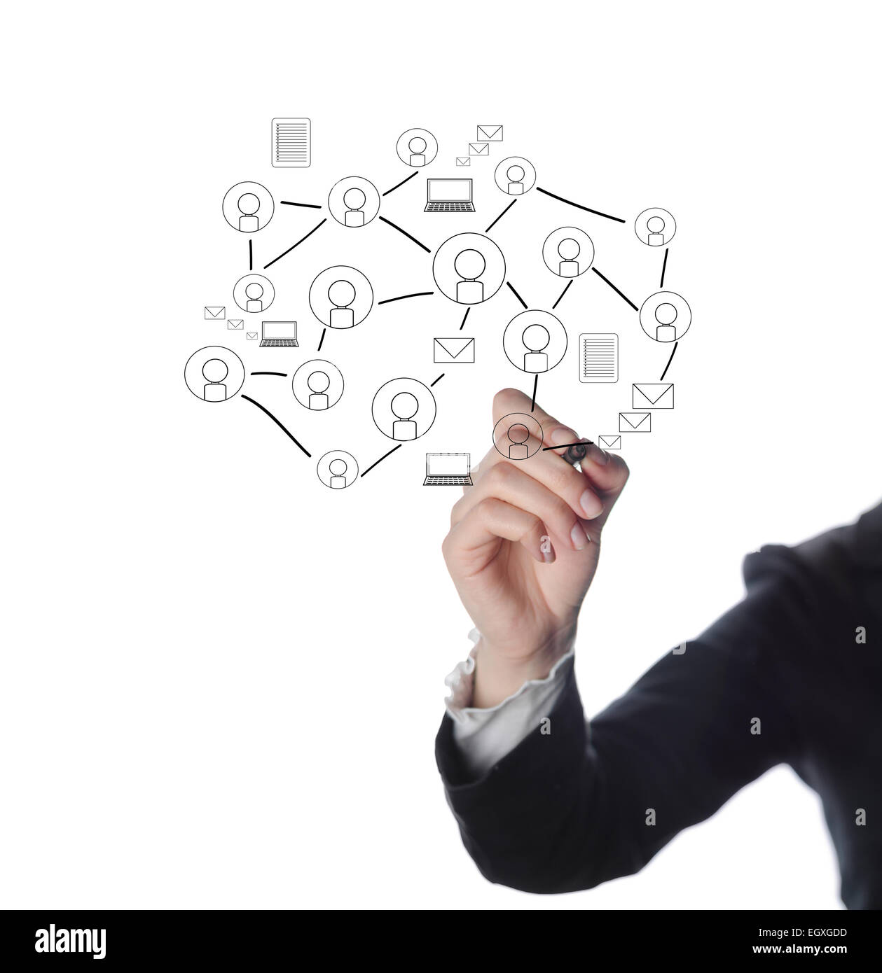 Lady drawing social network structure Stock Photo - Alamy