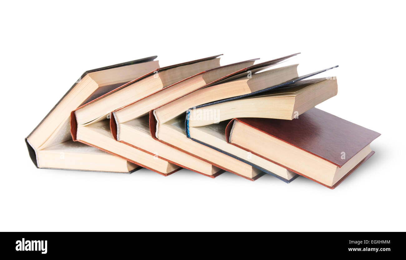 Six old books imbedded in one another front view isolated on white ...