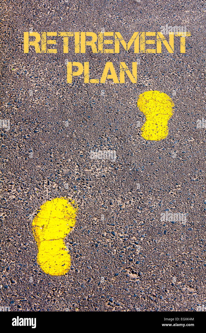 Yellow footsteps on sidewalk towards Retirement Plan message.Conceptual ...