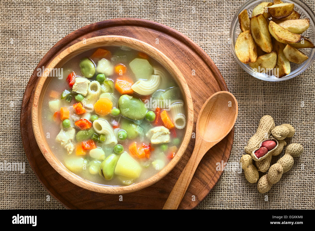 Overhead shot of Bolivian traditional Sopa de Mani (peanut soup) made ...