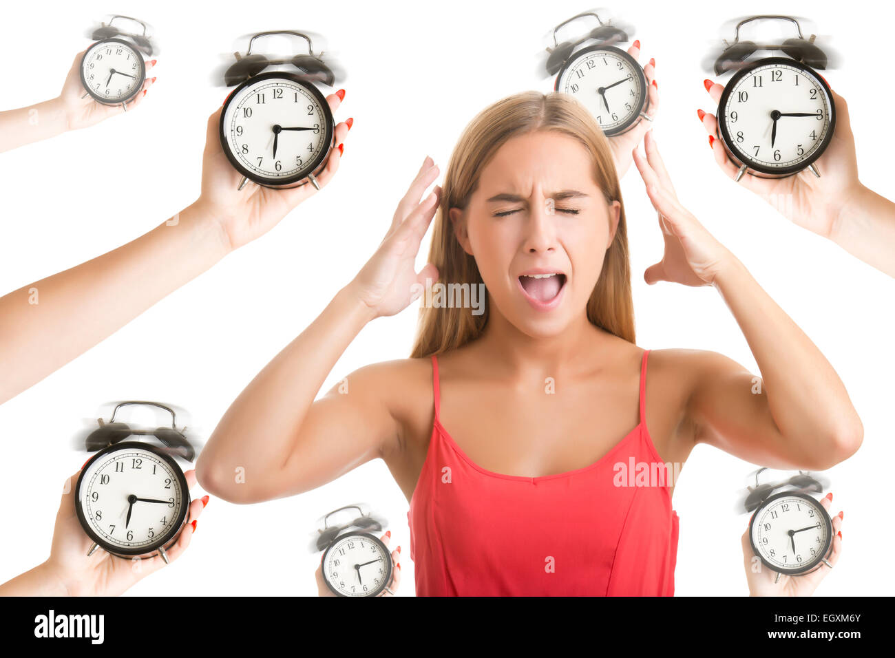 Woman suffering from a nervous breakdown, holding her hands to her head ...