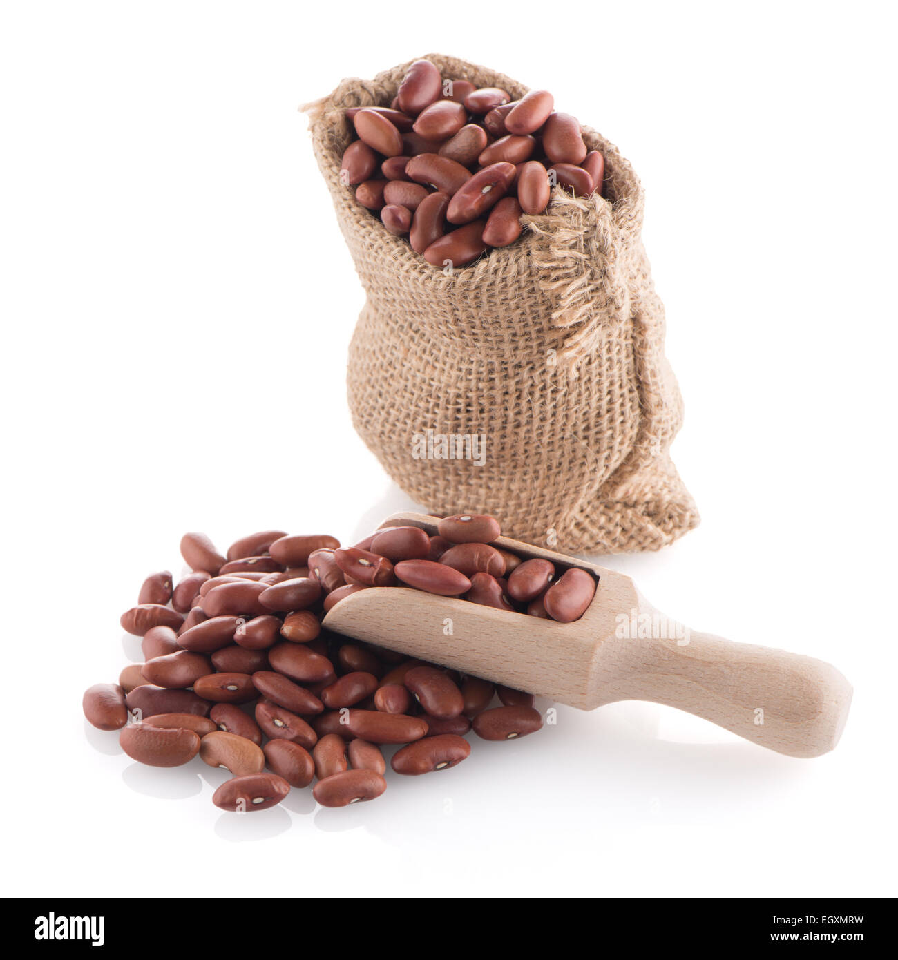 Red beans bag with wooden scoop on white background Stock Photo - Alamy
