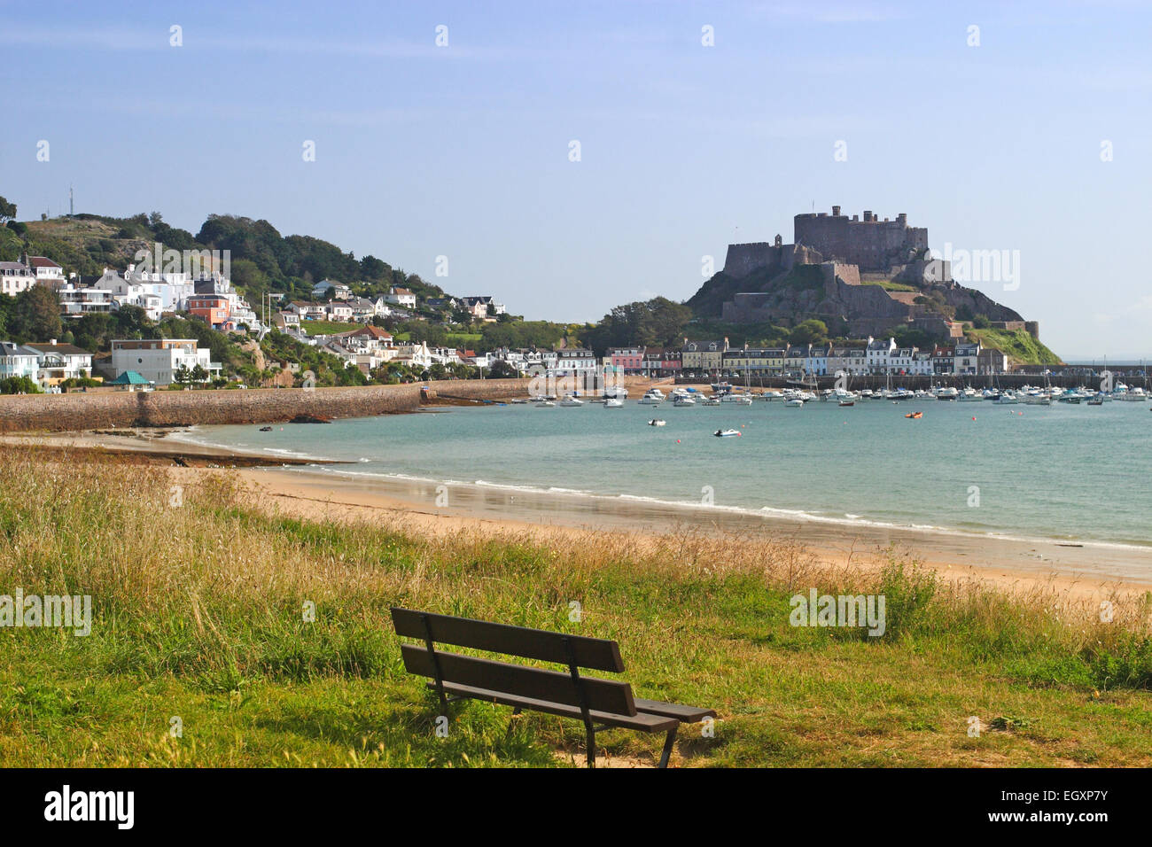 The coastal town of Gorey and Mont Orgueil Castle, Jersey, UK Stock ...
