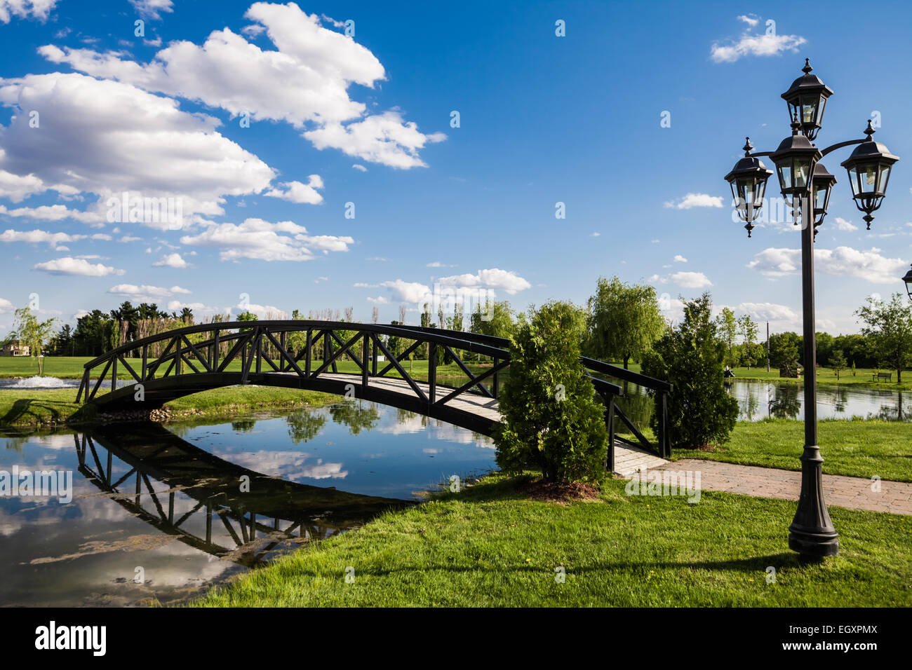 Little Bridge Over a Pond and landing on a Small Grass Island Stock ...