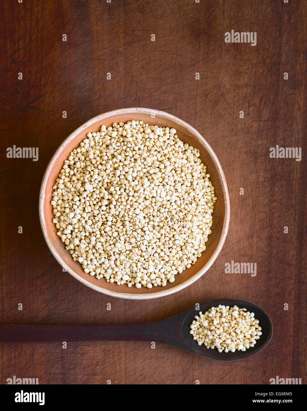 Overhead shot of popped white quinoa (lat. Chenopodium quinoa) cereal ...
