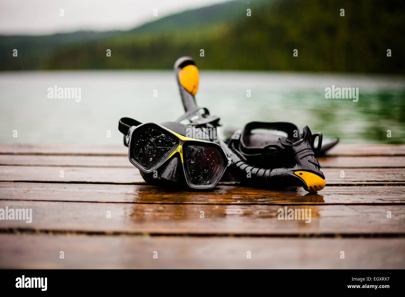 Snorkeling Mask and Tuba on Dock After a Dive Stock Photo - Alamy