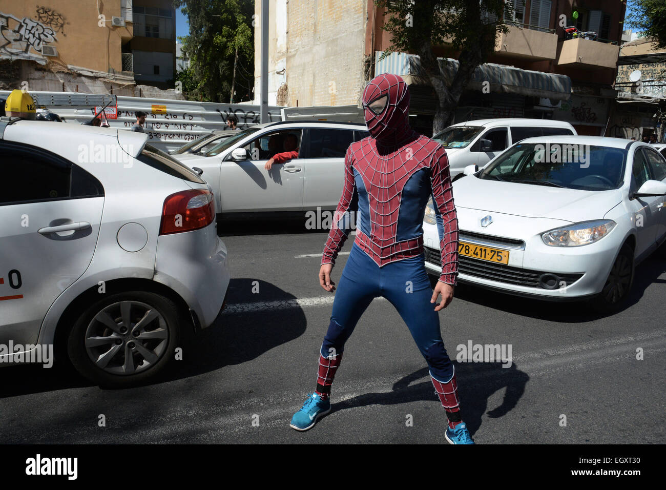 Tel Aviv, Israel. 3rd March, 2015. A spiderman costume in the street ...