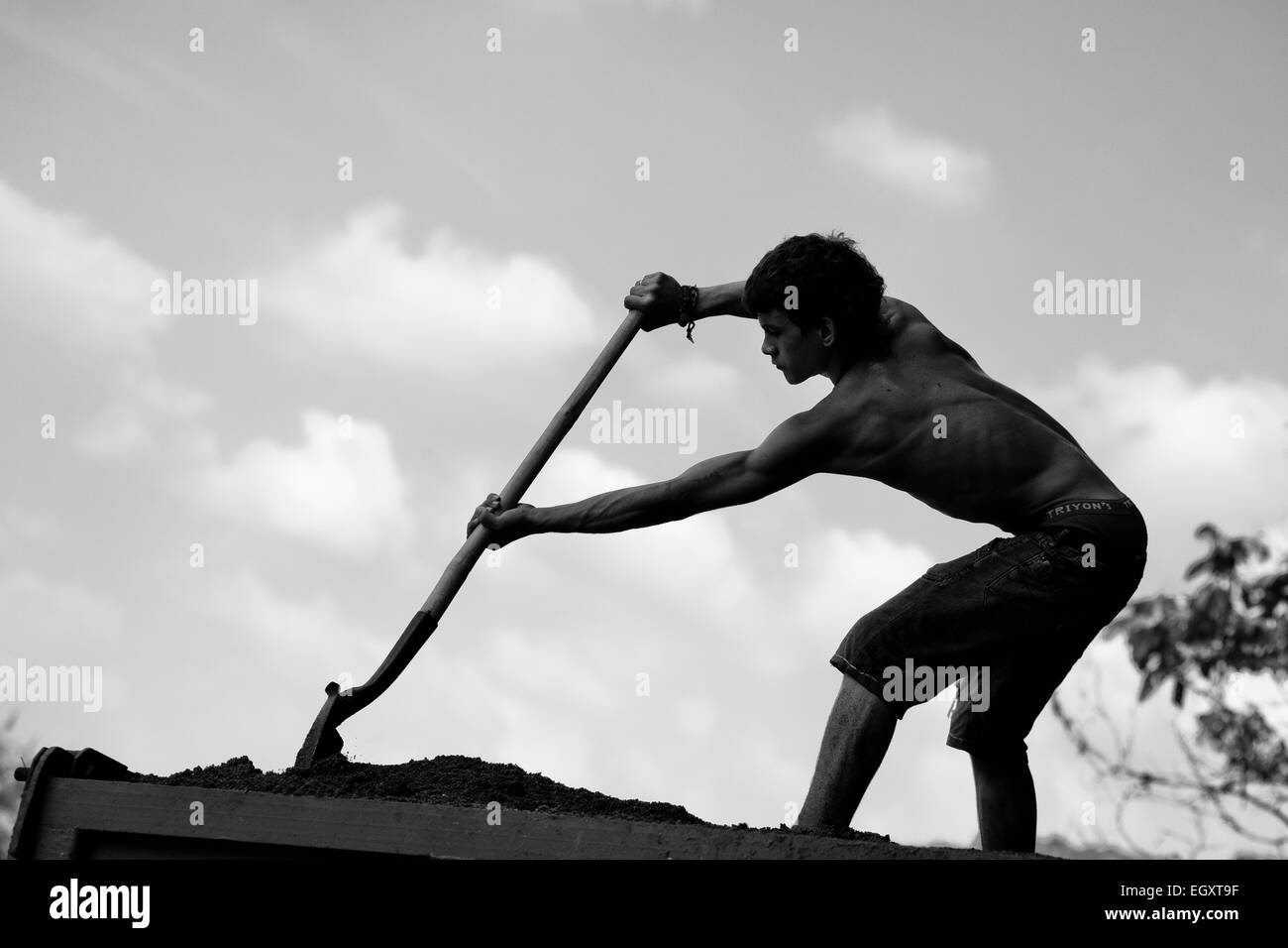 A young Colombian sand miner loads the extracted sand into a car on the ...