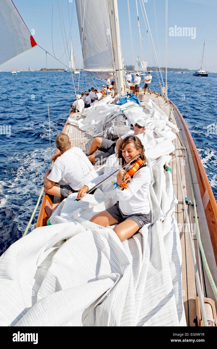 Onboard Shamrock V (JK3) during the Regates Royales in Cannes, France ...