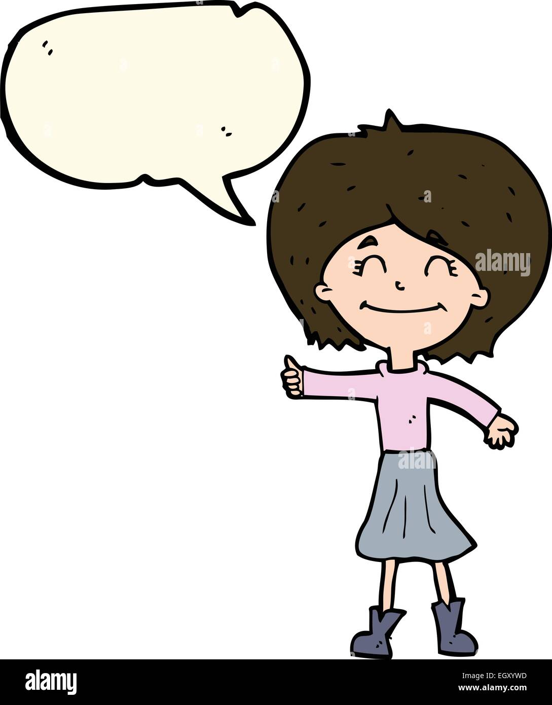 cartoon happy girl giving thumbs up symbol with speech bubble Stock ...