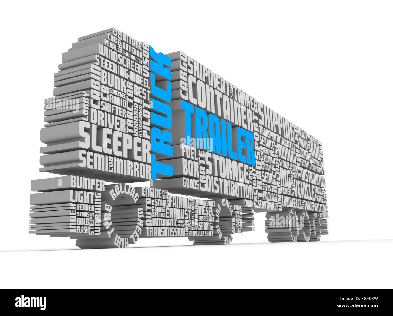 3d group of words shaping a truck with trailer and with blue text Stock ...