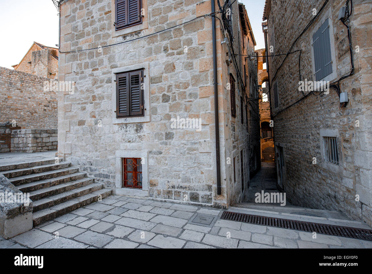 Ancient buildings in Split city center near the bell tower in Croatia ...