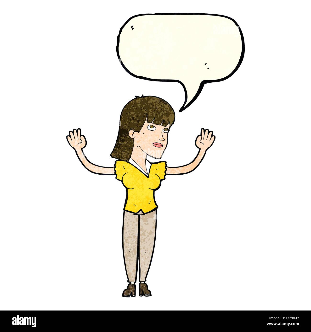 cartoon woman throwing hands in air with speech bubble Stock Vector ...