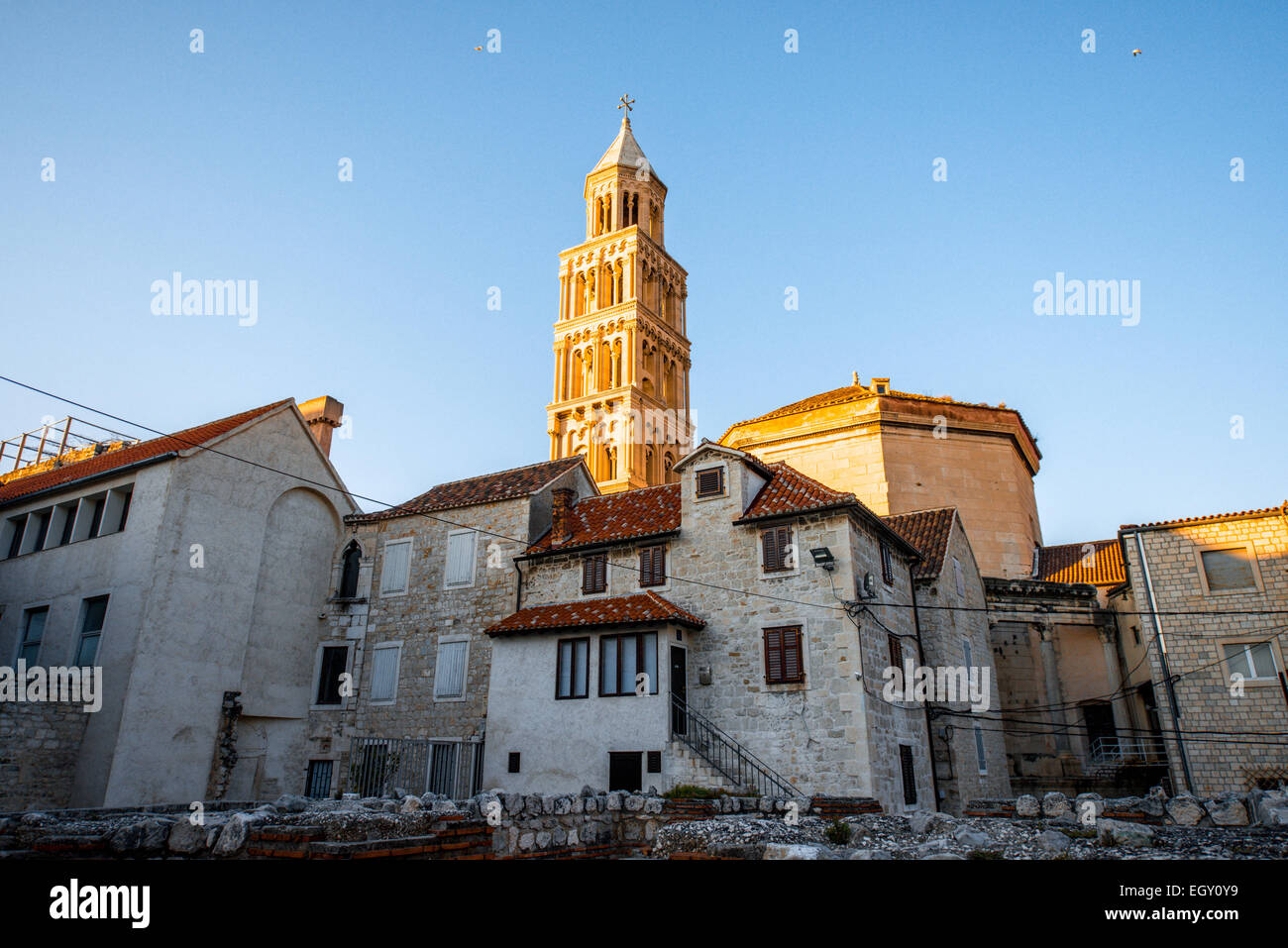 Ancient buildings and bell tower of cathedral in Split city center at ...