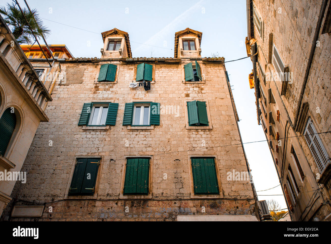Ancient buildings in Split city center near the bell tower in Croatia ...
