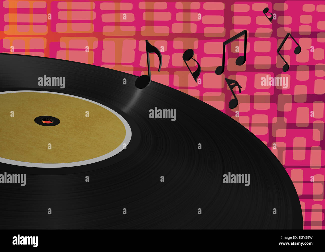 3D Rendering, Vinyl record with musical notes against patterned ...