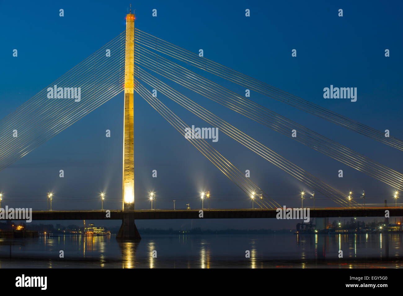 Riga, Latvia. Panoramic view to old Riga. Night view. Cable-stayed ...