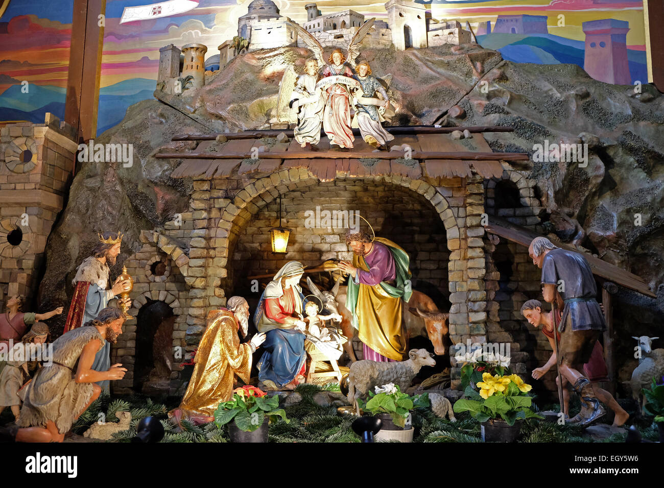 Nativity scene, creche, or crib, birth of Jesus in Franciscan Church in ...