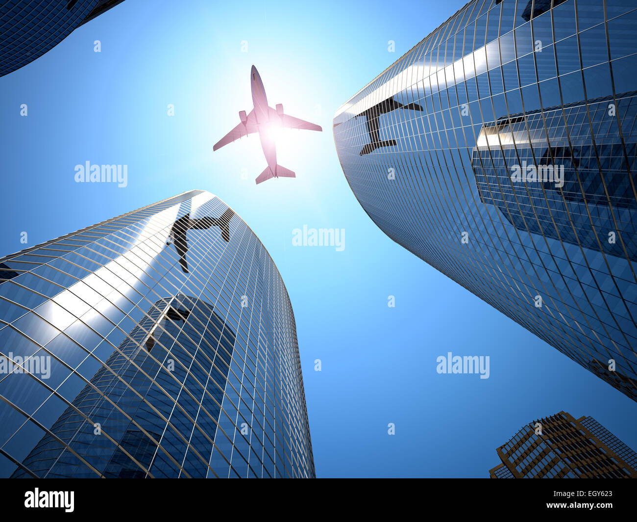 3d image of airplane and tall skyscraper Stock Photo - Alamy