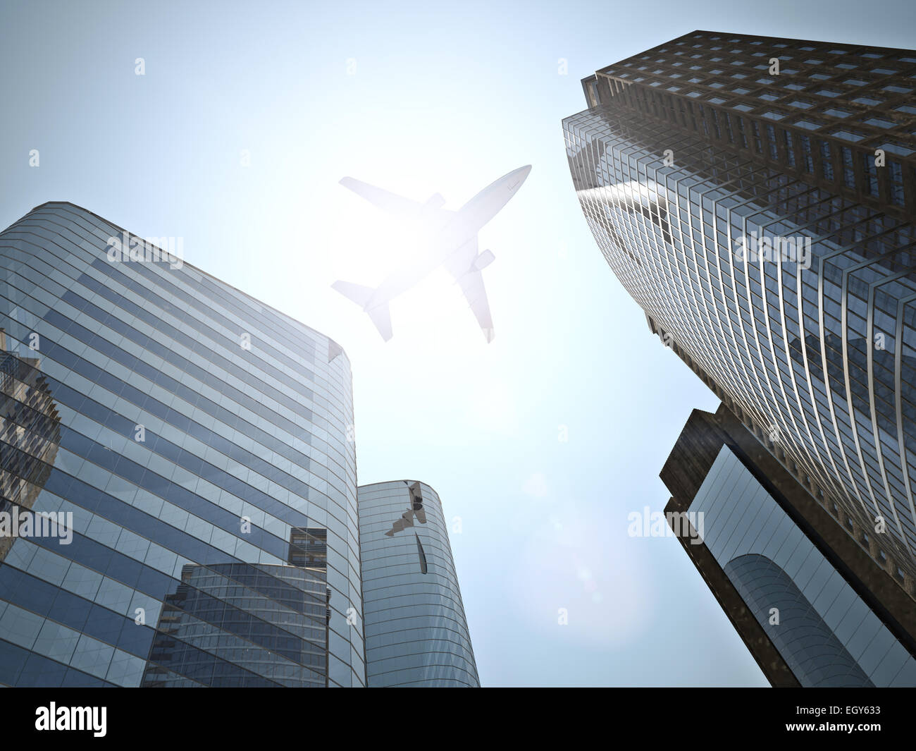3d image of airplane and tall skyscraper Stock Photo - Alamy