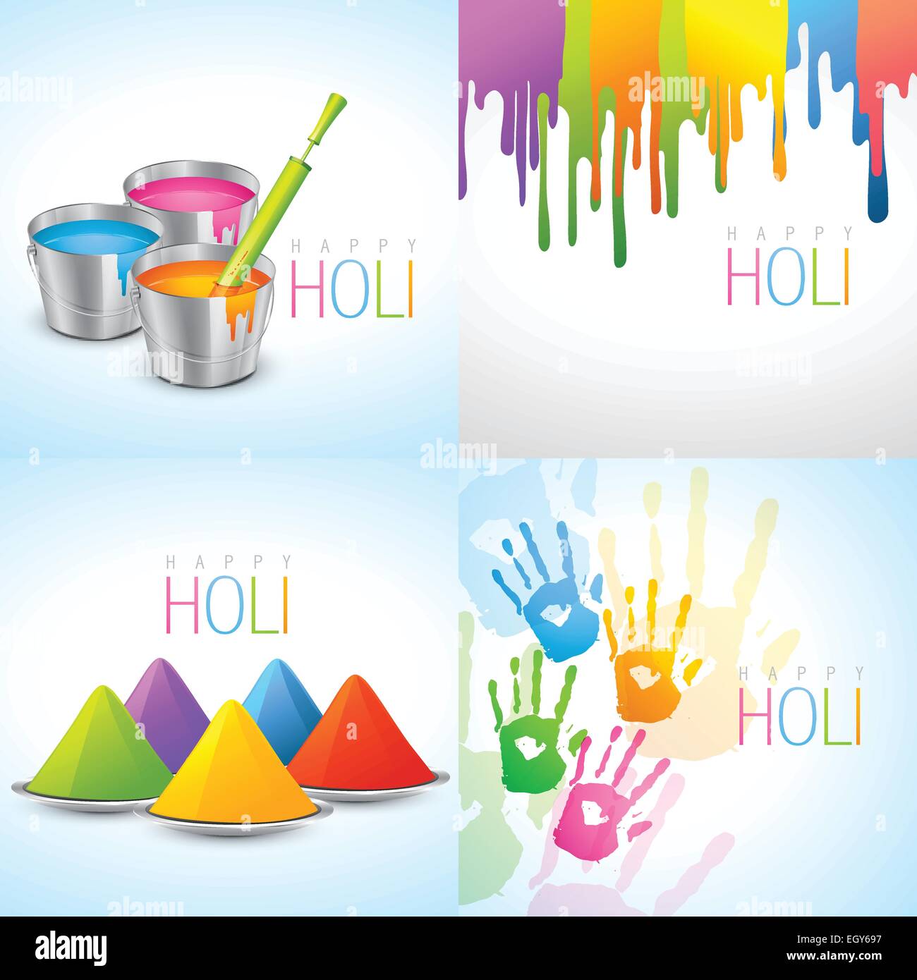 vector collection of holi designs with pichkari, bucket, colorful hand ...