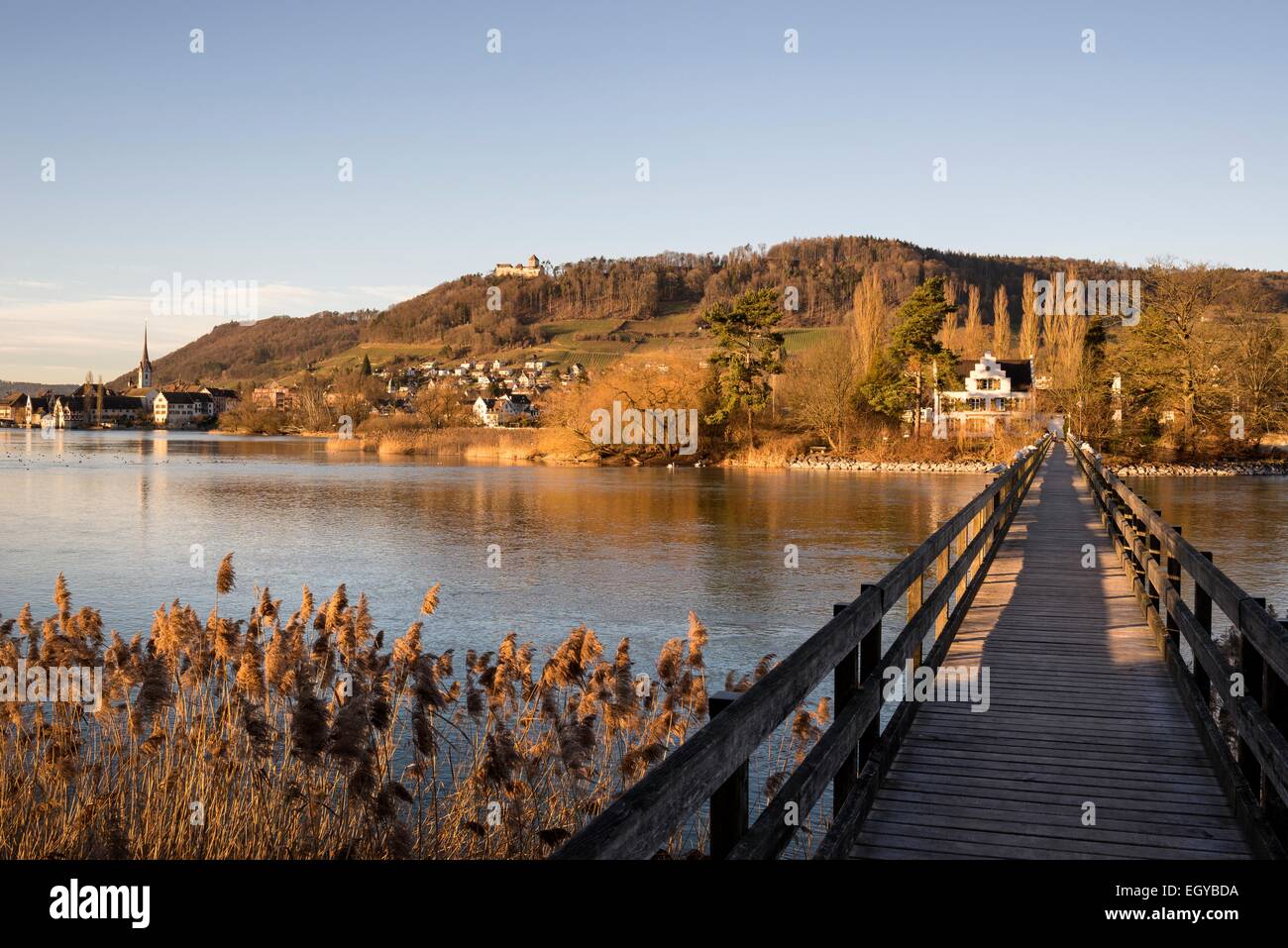 Switzerland, Thurgau, wooden footbridge to Island of Werd Stock Photo ...