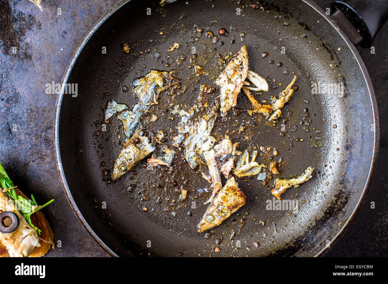Frying pan with the leftovers of a fried fish Stock Photo - Alamy