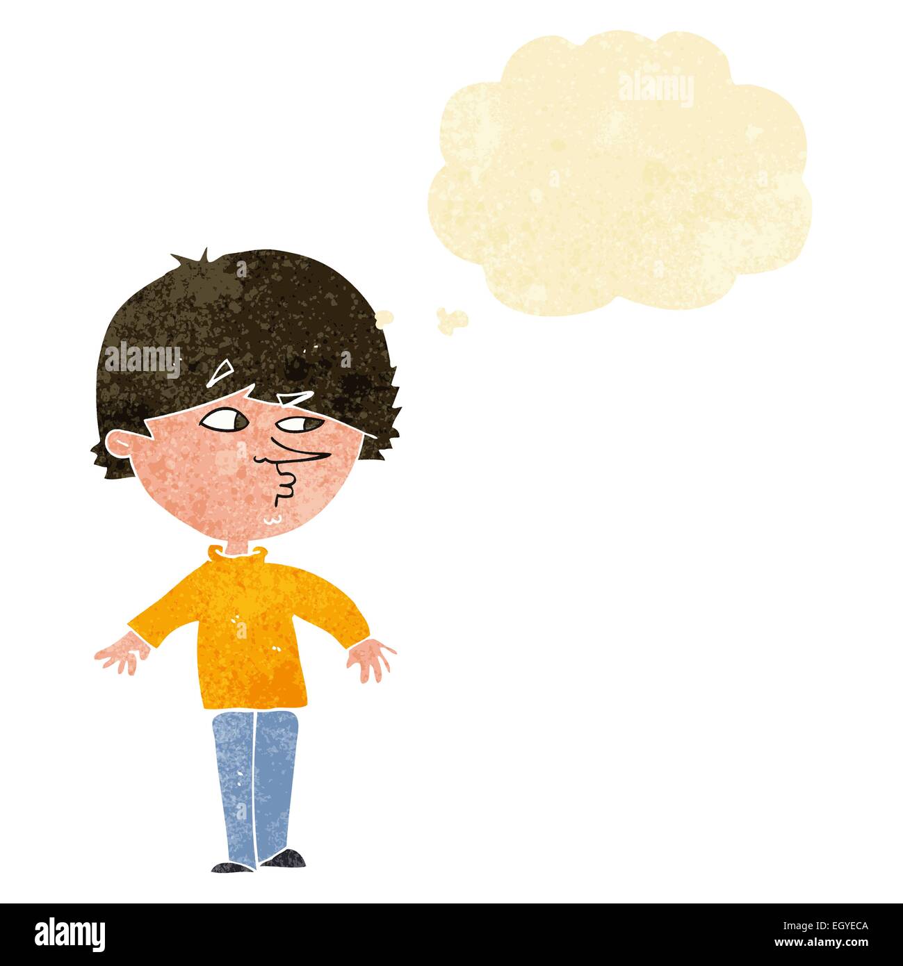 cartoon suspicious man looking over shoulder with thought bubble Stock ...