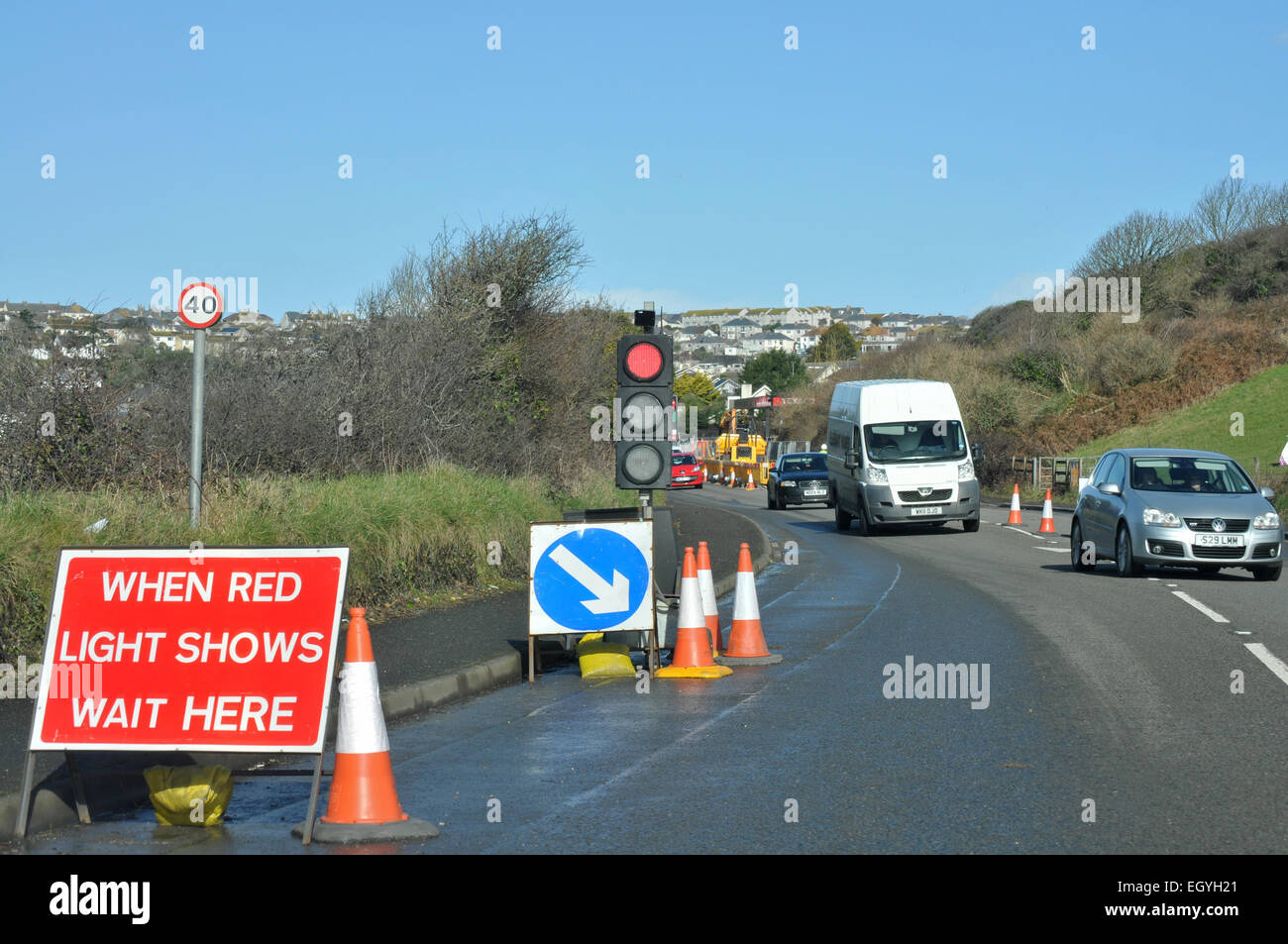 Roadworks with contraflow outside Newquay in Cornwall, UK Stock Photo ...