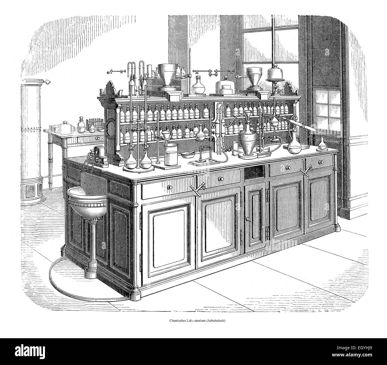 Chemical laboratory, working desk, illustration from Meyers Lexicon ...