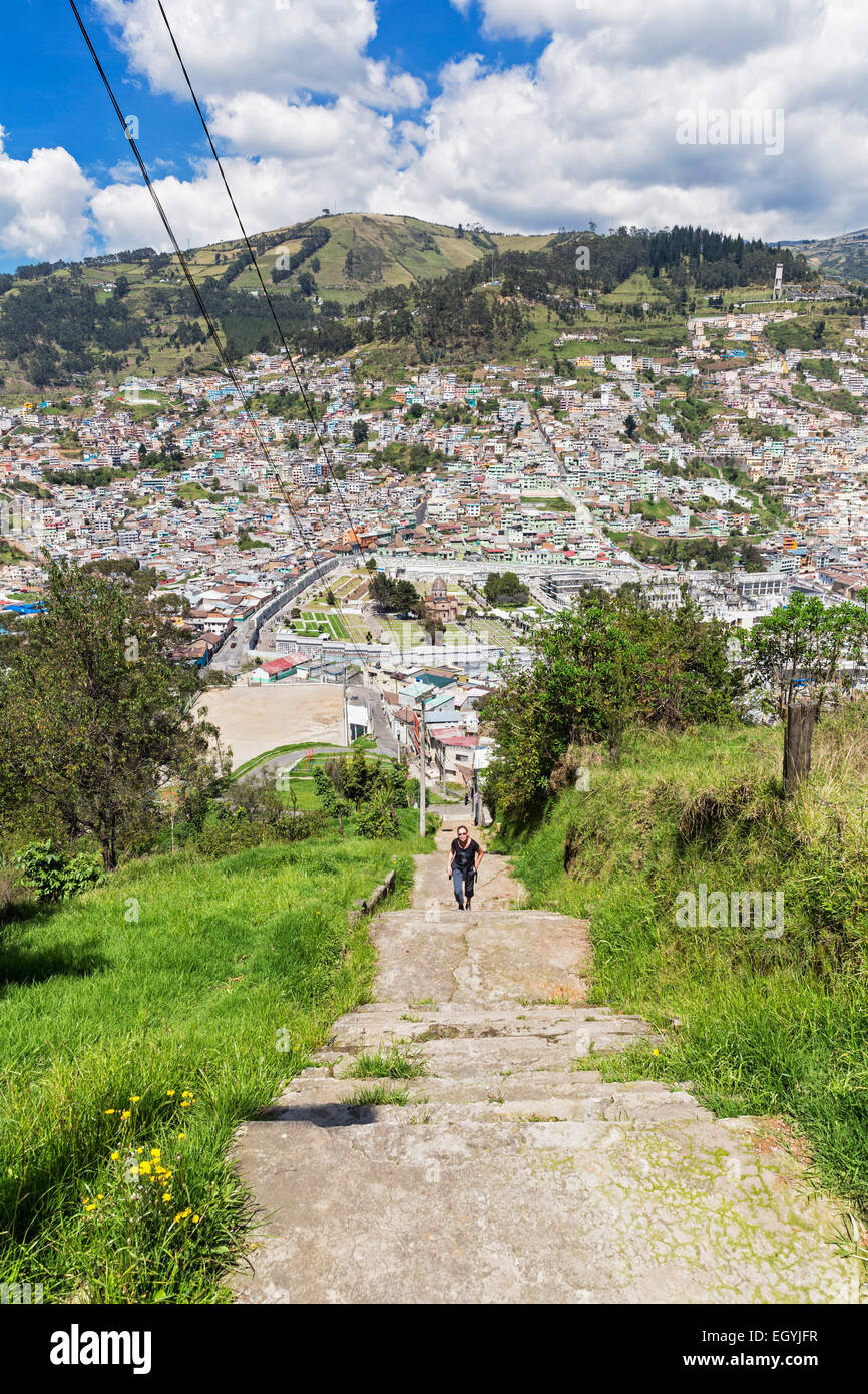 Ecuador, Quito, cityscape with tourist walking towards El Panecillo ...