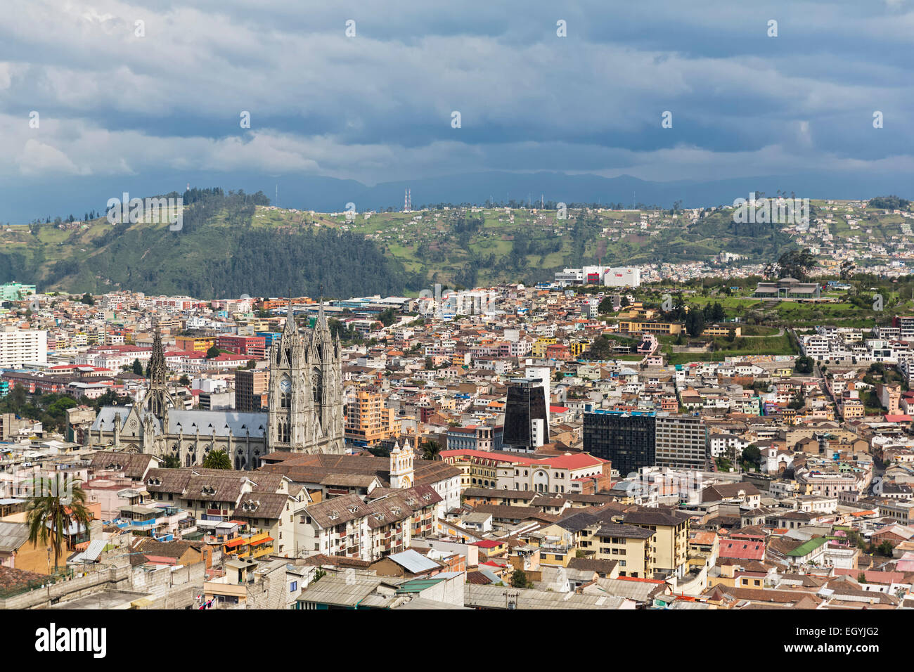 Ecuador, Quito, cityscape with Basilica del Voto Nacional Stock Photo ...