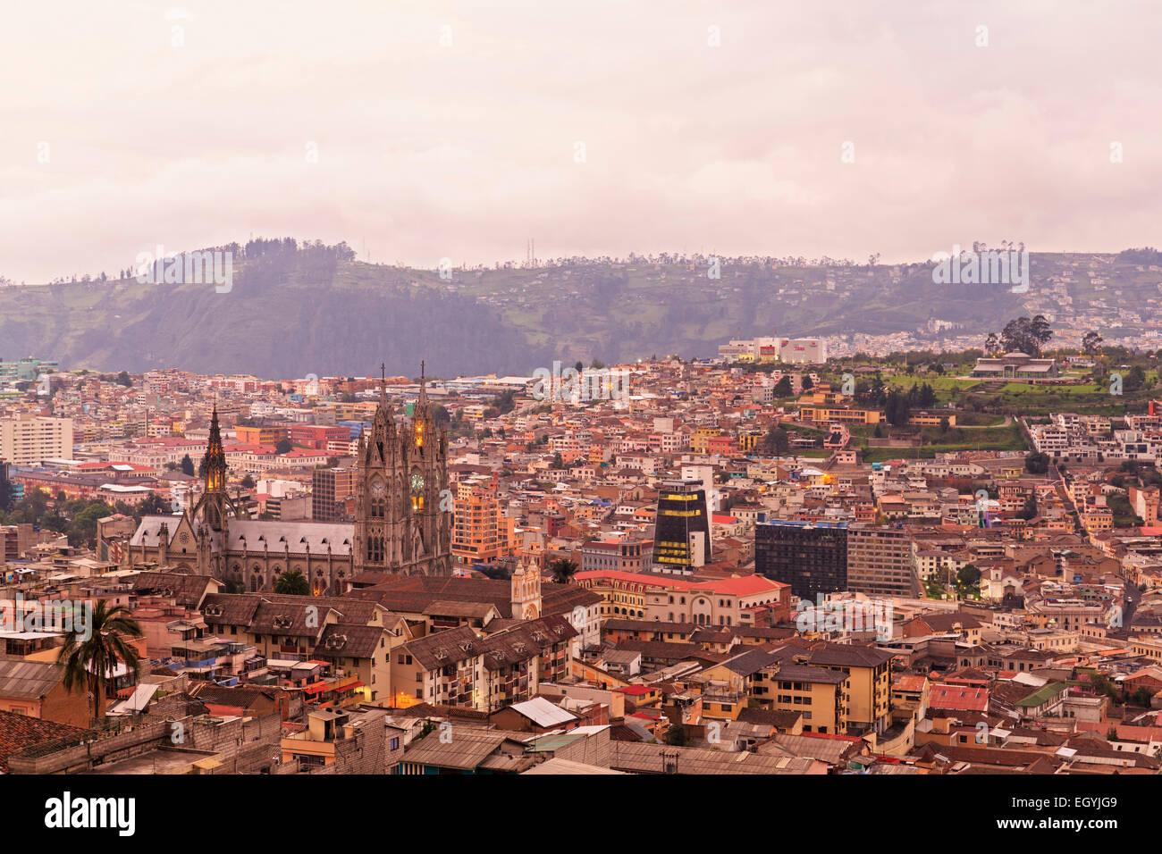 Ecuador, Quito, cityscape with Basilica del Voto Nacional Stock Photo ...