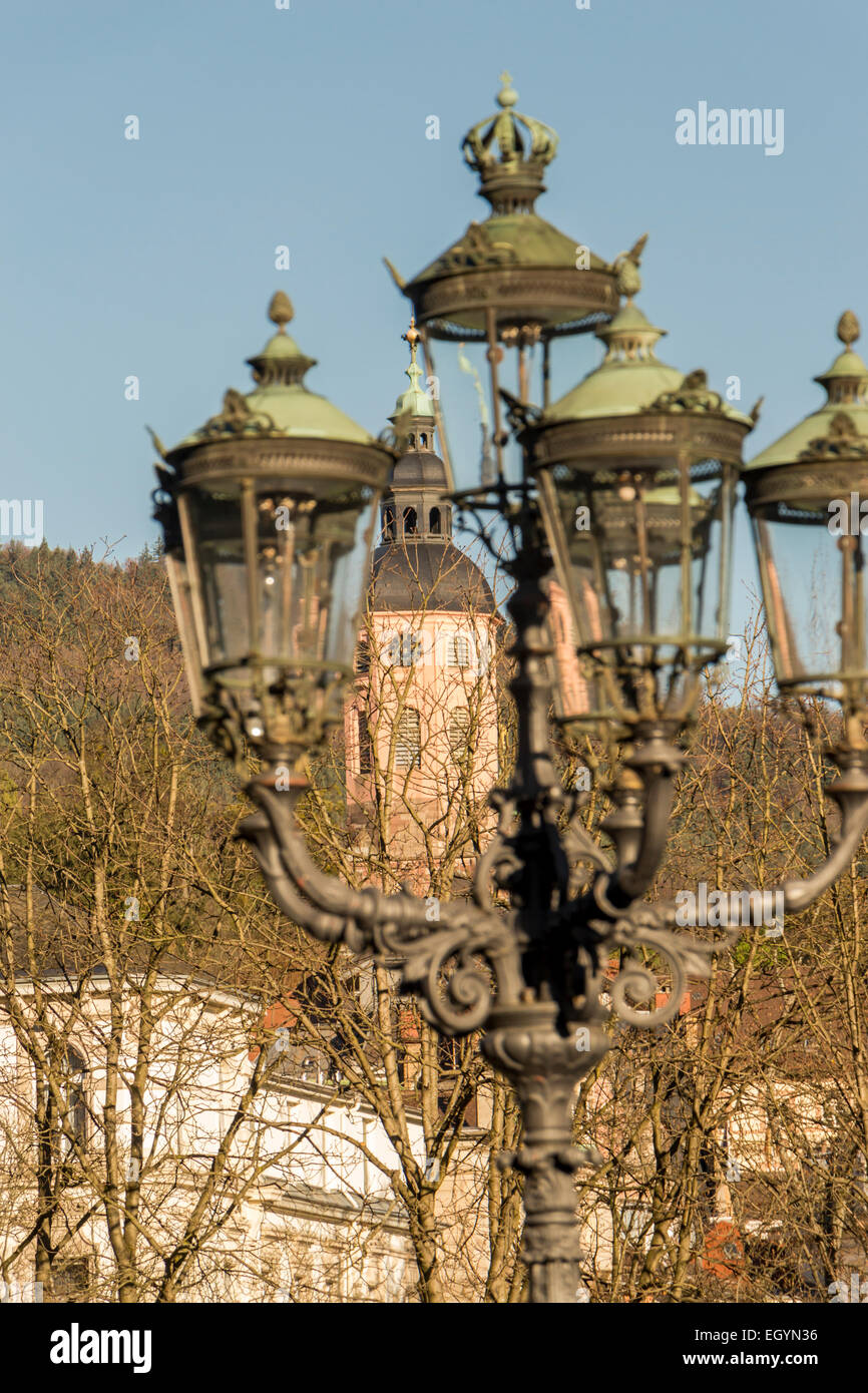 Germany, Baden-Baden, historical street light and tower Stock Photo - Alamy
