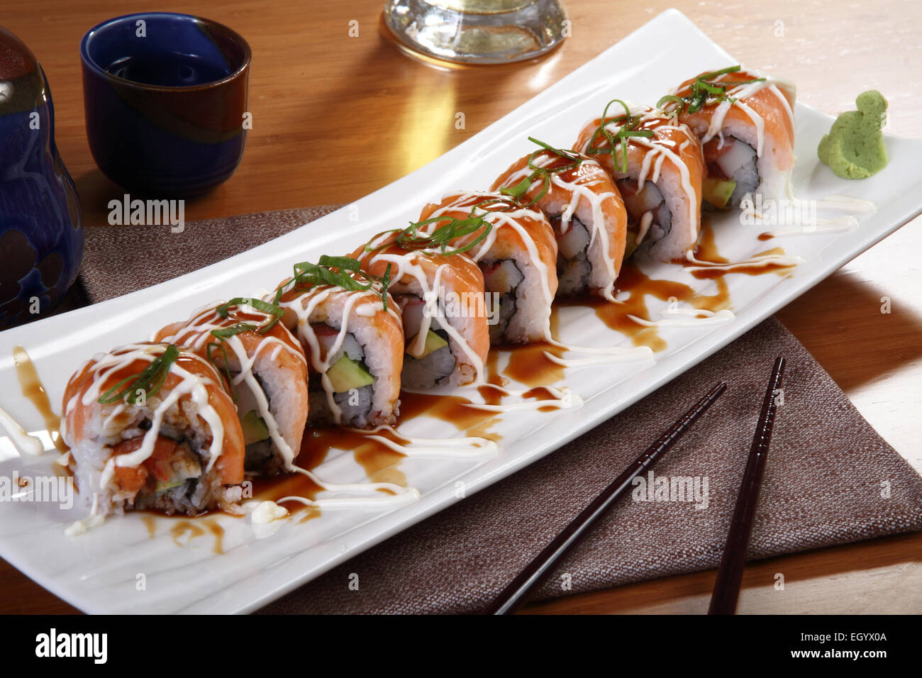 Japanese menu of fish and salad Stock Photo - Alamy