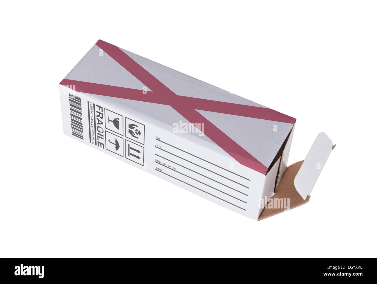 Concept of export, opened paper box - Product of Alabama Stock Photo ...