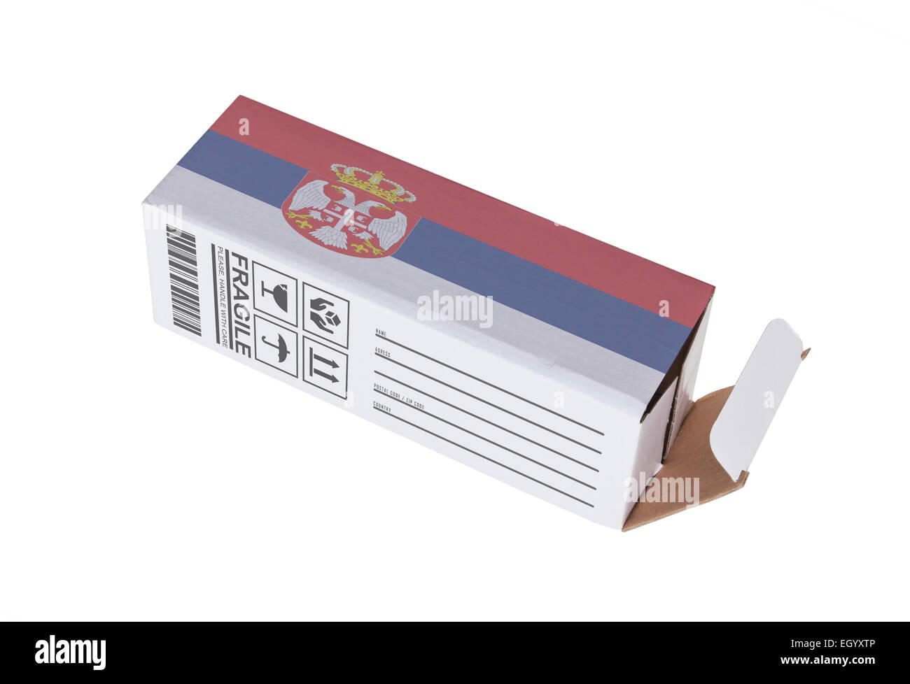 Concept of export, opened paper box - Product of Serbia Stock Photo - Alamy