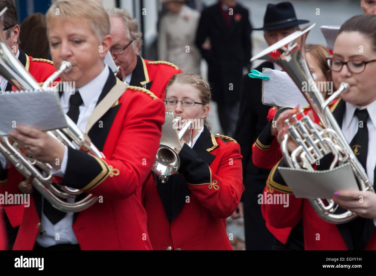 Three women playing in a marching brass band Stock Photo - Alamy