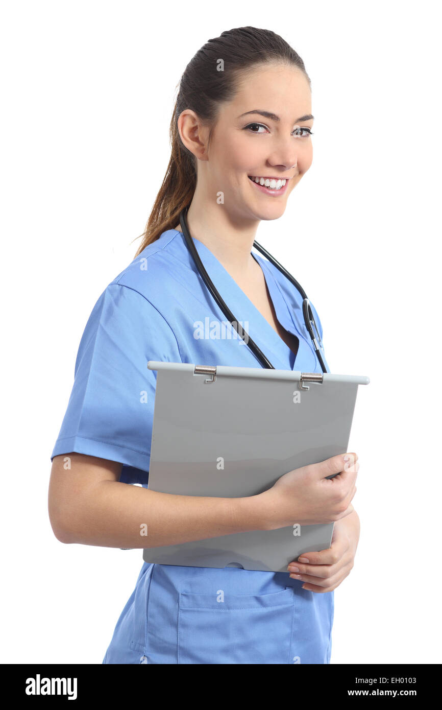 Young intern nurse student posing and holding a medical history ...