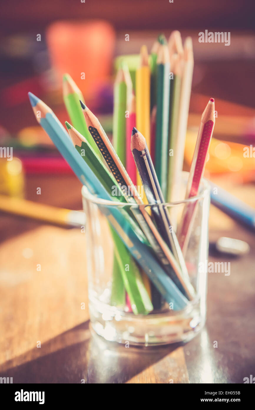 Glass of coloured pencils Stock Photo - Alamy
