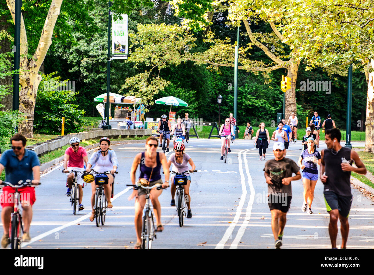 Bicycling and running in Central Park, Manhattan, New York City, USA ...