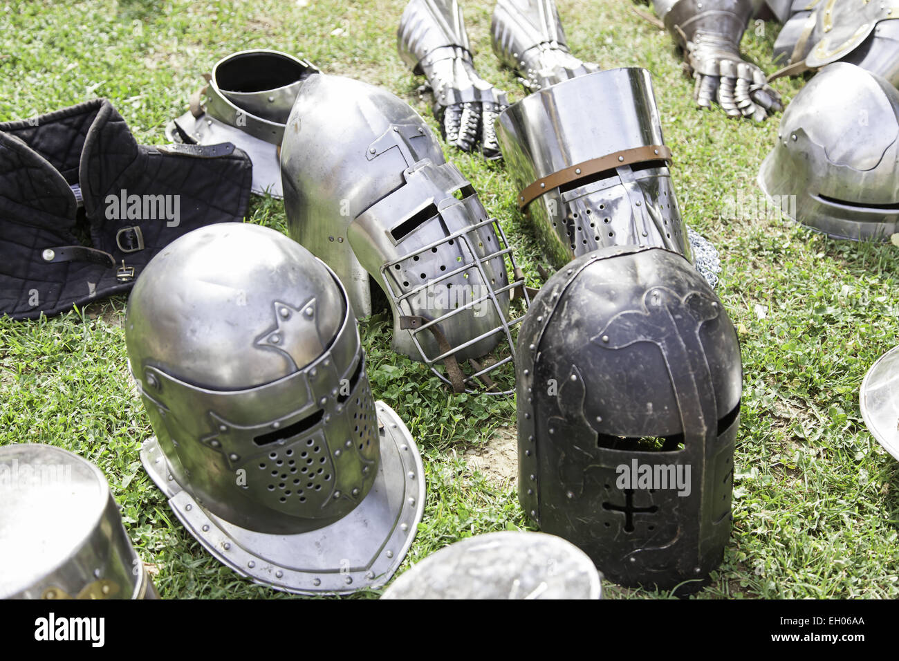 Old medieval helmets, detail of a protective metal skeletons, ancient ...