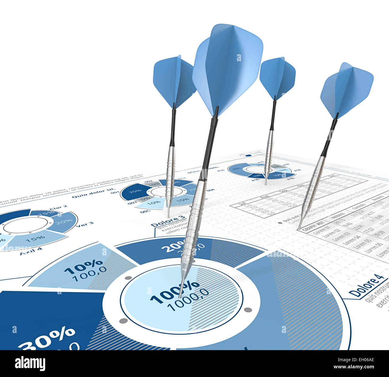 Hitting Target. Darts on infographics document with pie charts. Blue ...