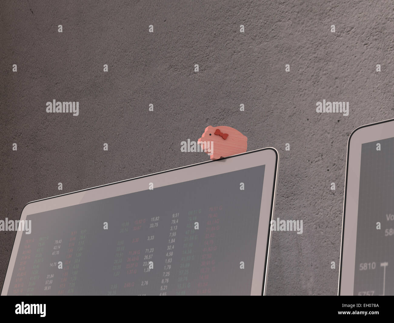 Wooden pig toy on laptop with stock quotation on display, 3D Rendering ...